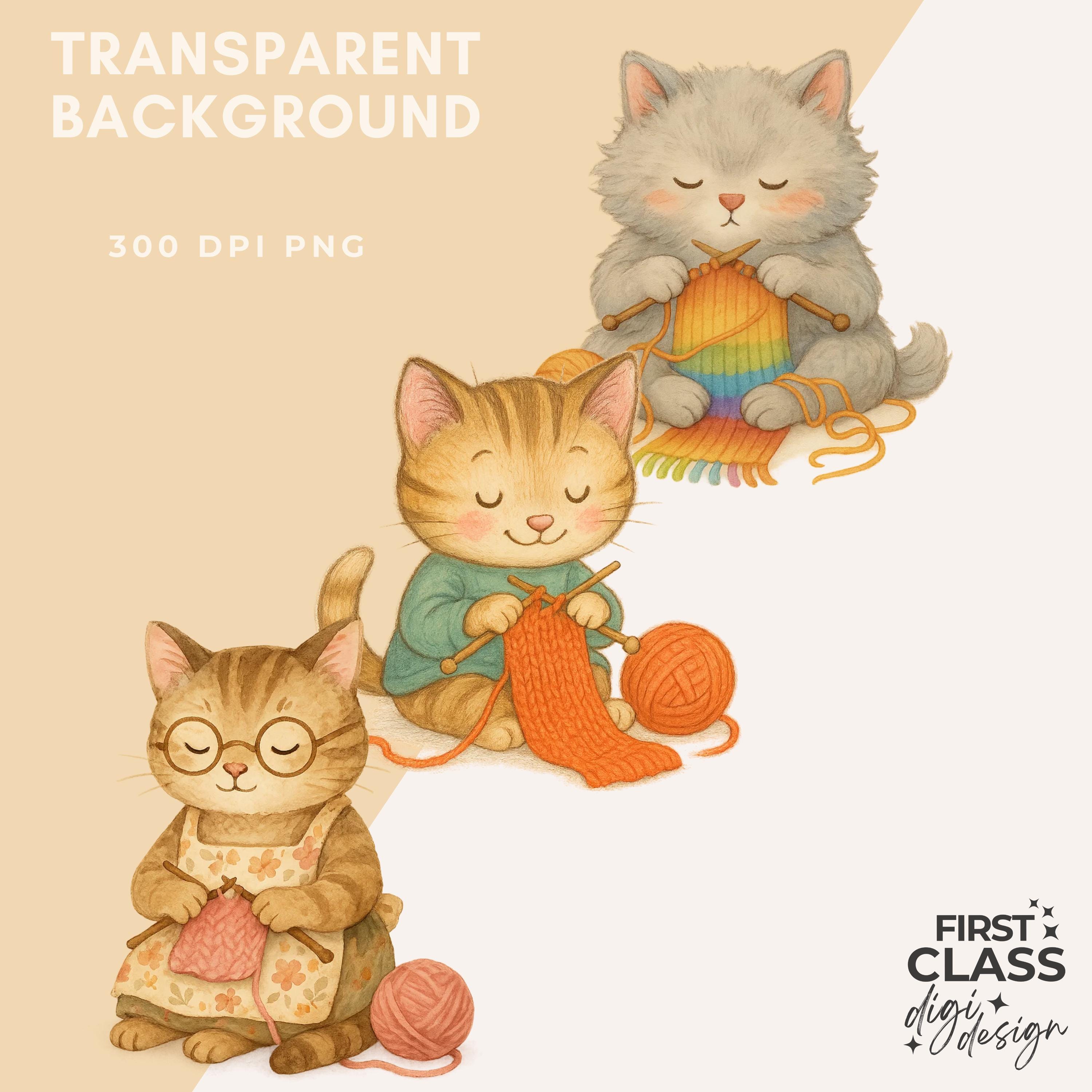 Cat Knitting Clipart, Knitting Cats PNG Bundle, Cute Knitting Cat Clip ...
