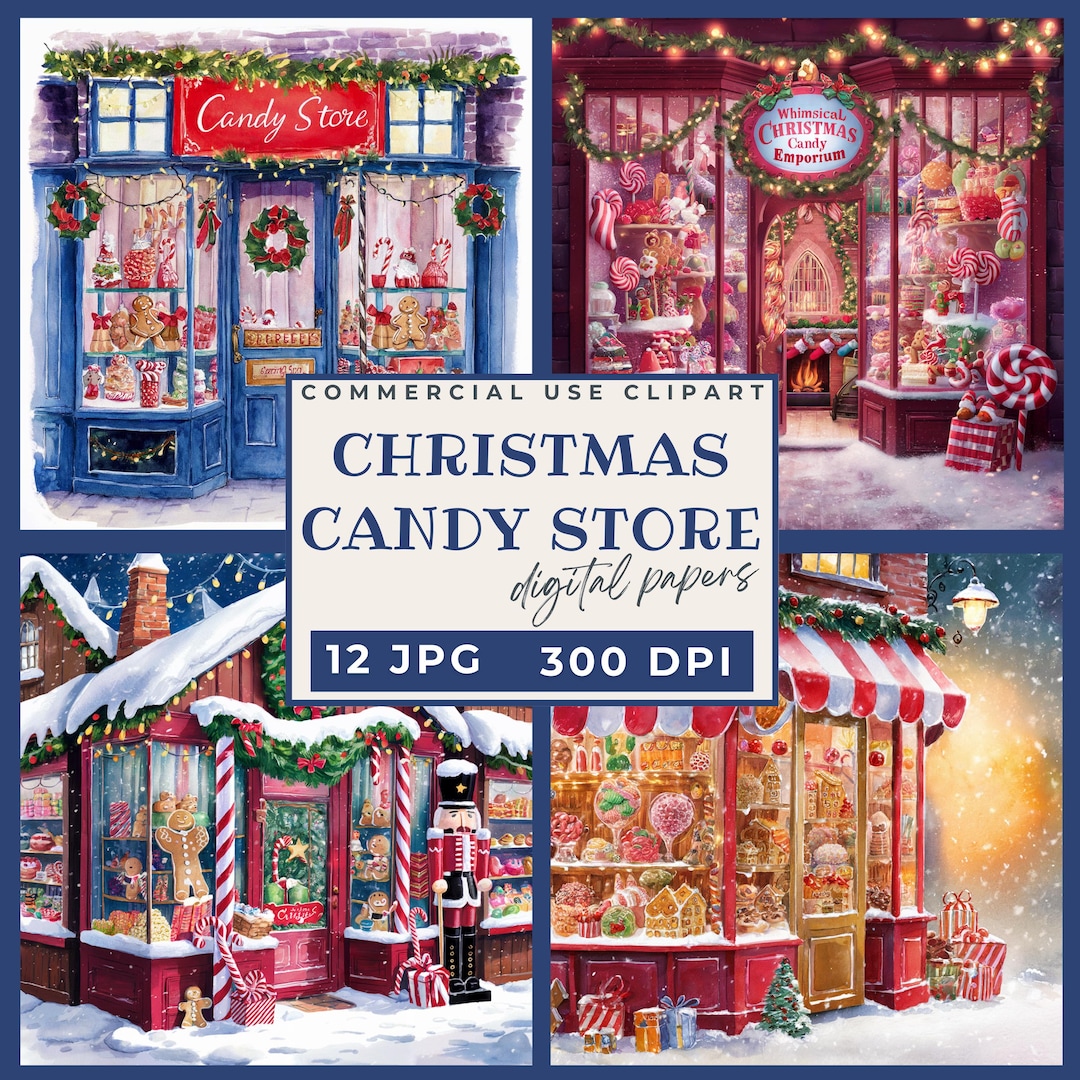 Christmas Candy Shop Clipart Digital Papers, Holiday Candy Store Paper ...
