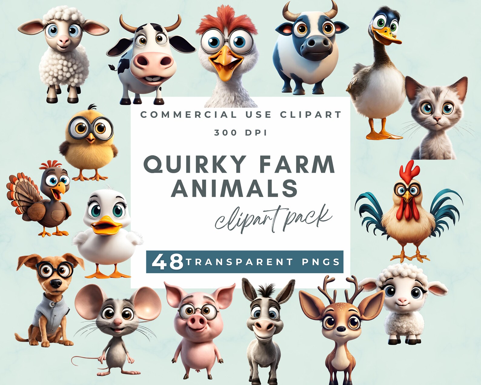 Quirky Farm Animals Clipart, Whimsical Farm Animals Clipart, Farm Clip ...