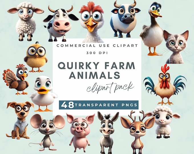 24 Quirky Farm Animals Clipart PNG Images - Watercolor Cute & Funny ...