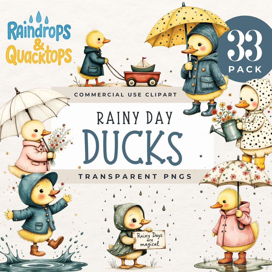 Rainy Day Duck Clipart Pack, Cute Duckling Pngs With Umbrellas, Spring ...