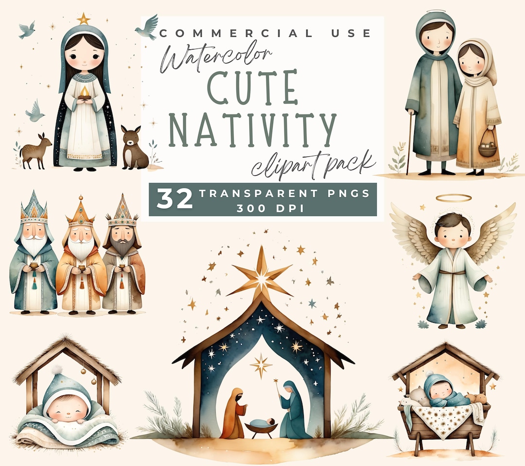 Cute Nativity Clipart Cute Nativity Scene Watercolor Clipart Xmas ...