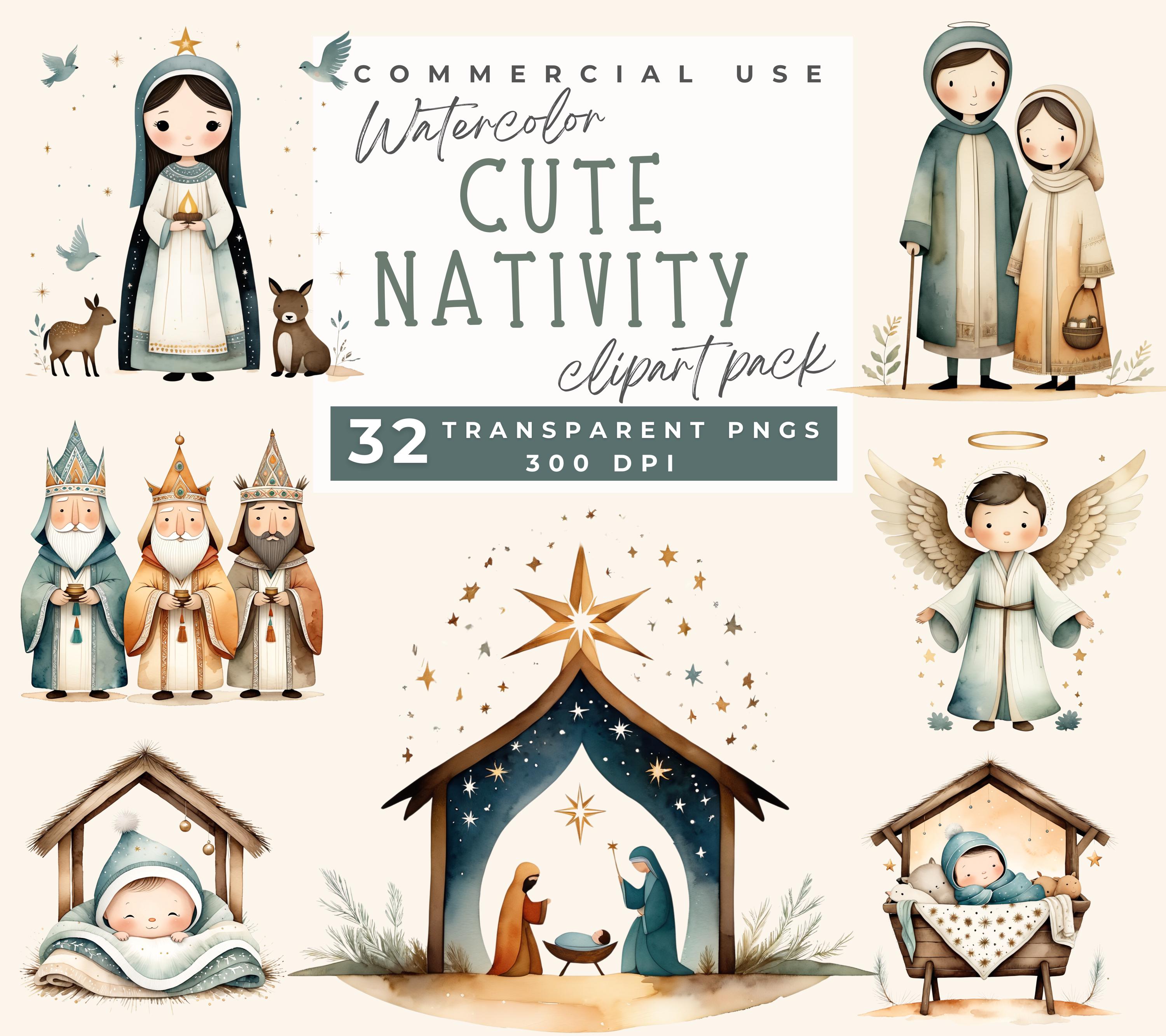 Cute Nativity Clipart Cute Nativity Scene Watercolor Clipart Xmas ...