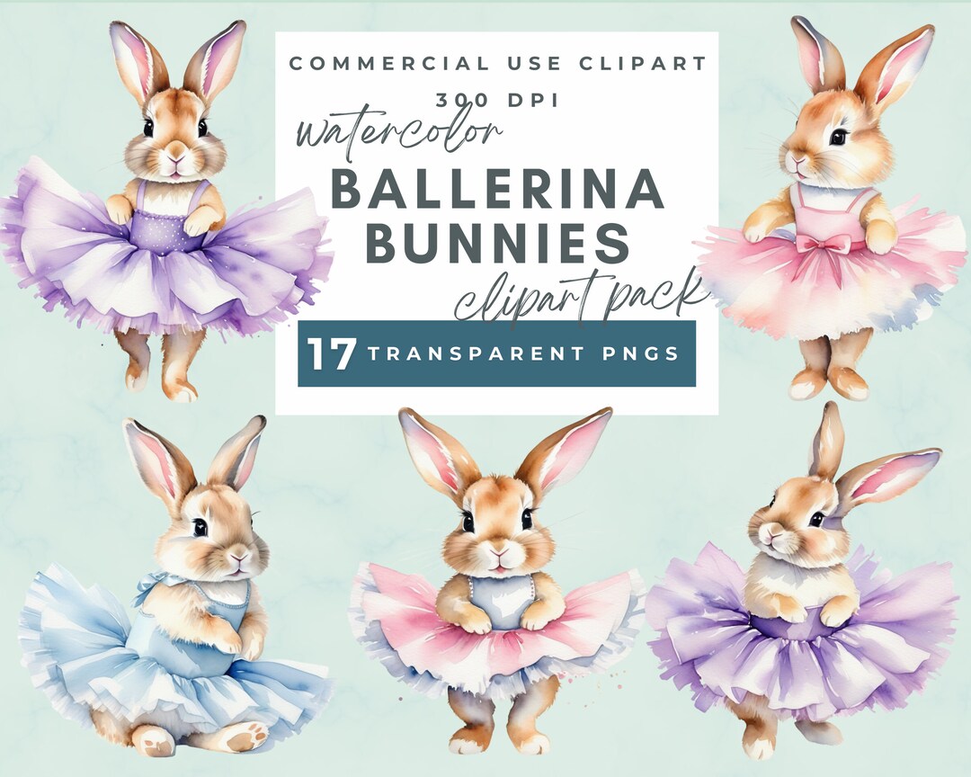 Watercolor Ballerina Bunny Clipart, Ballet Bunnies in Tutu Dress Cute ...
