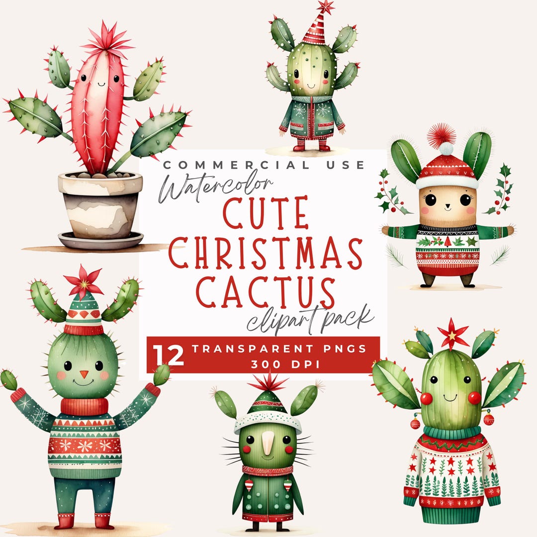 Christmas Cactus Clipart, Watercolor Cute Christmas Cactus Clipart ...