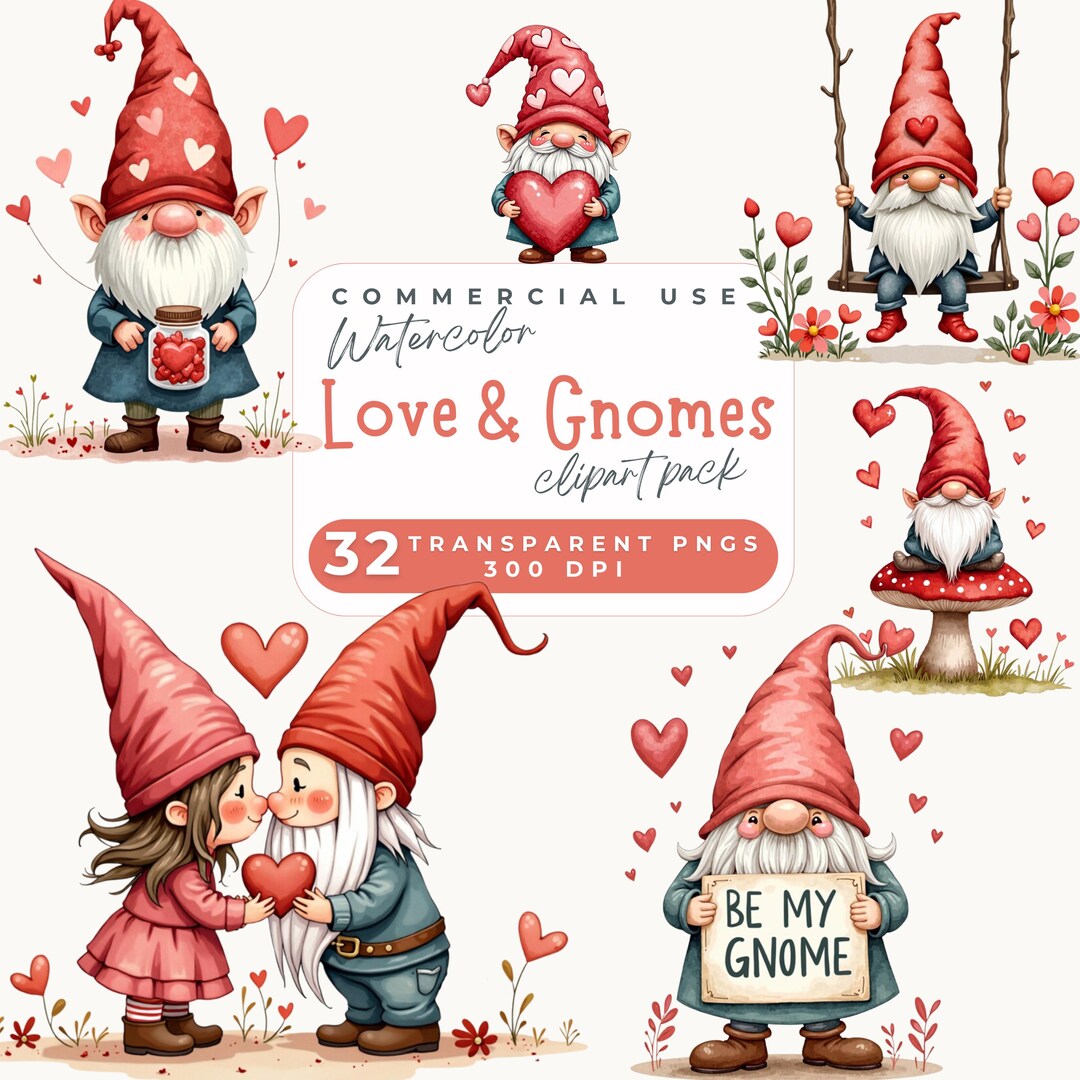 Valentine Gnome Couple Clipart, Watercolor Valentines Gnome Clipart PNG ...