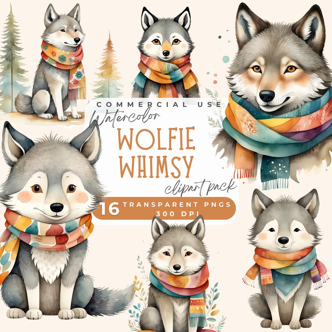 Cute Wolf Clipart, Whimsical Wolf Clipart, Watercolor Wolf Clip Art PNG ...