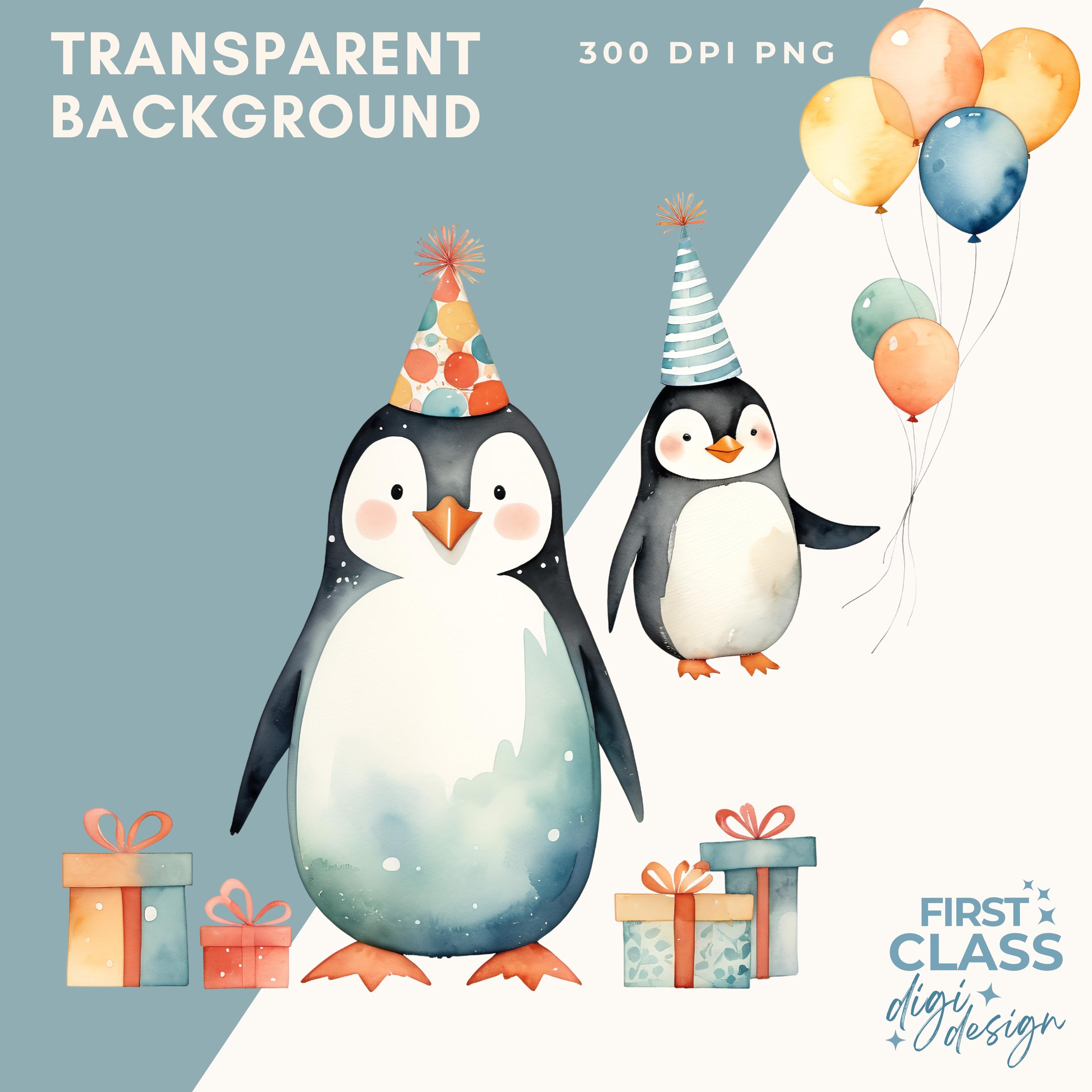 Penguin Birthday Clipart, Party Animal PNG, Cute Penguin Art, Balloon ...