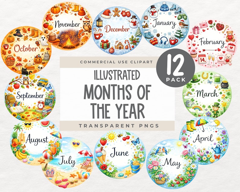 Months of the Year Watercolor Clipart, Illustrated Months of the Year ...
