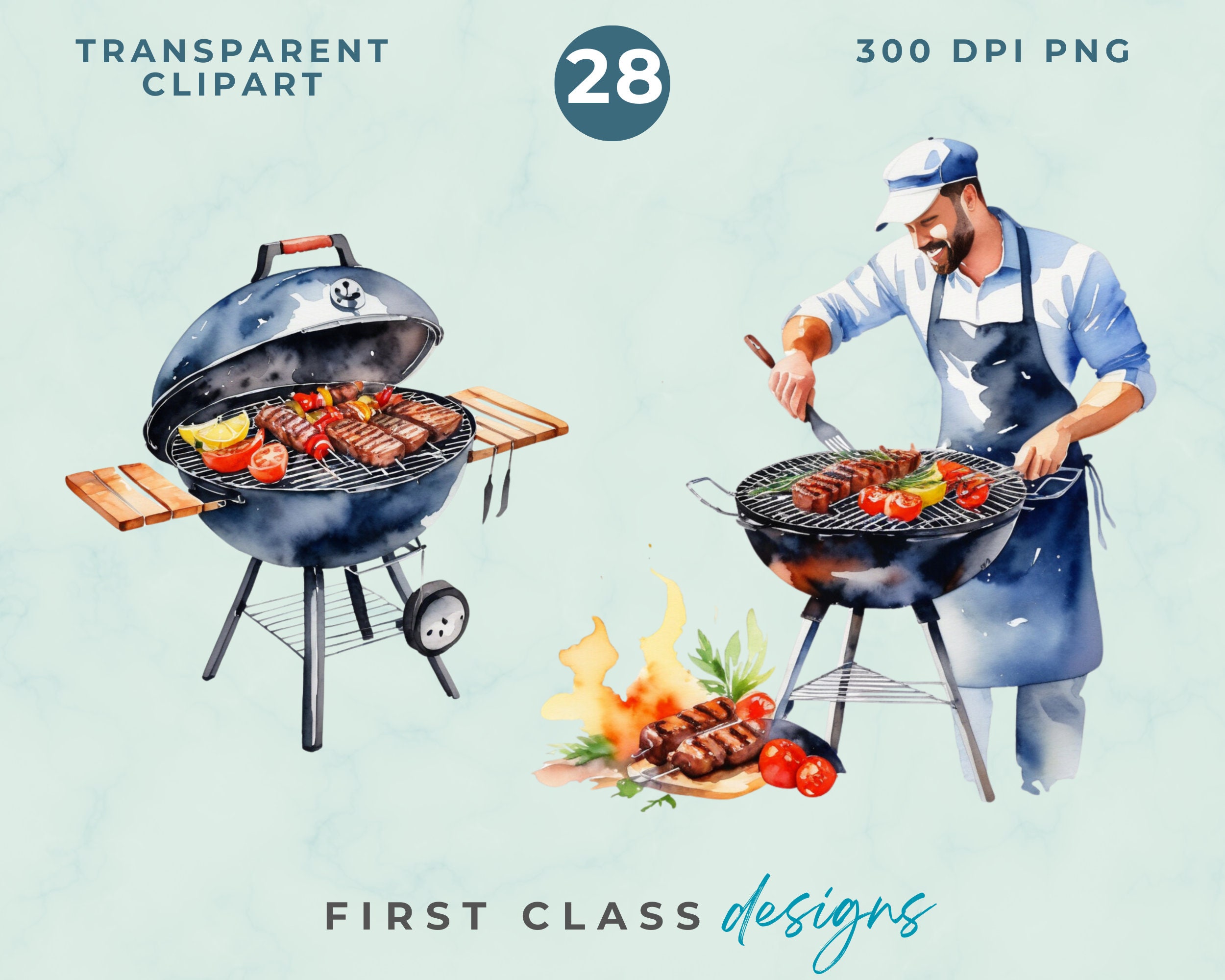 Watercolor BBQ Party Clipart, Summer BBQ Clipart, Backyard BBQ Grill ...