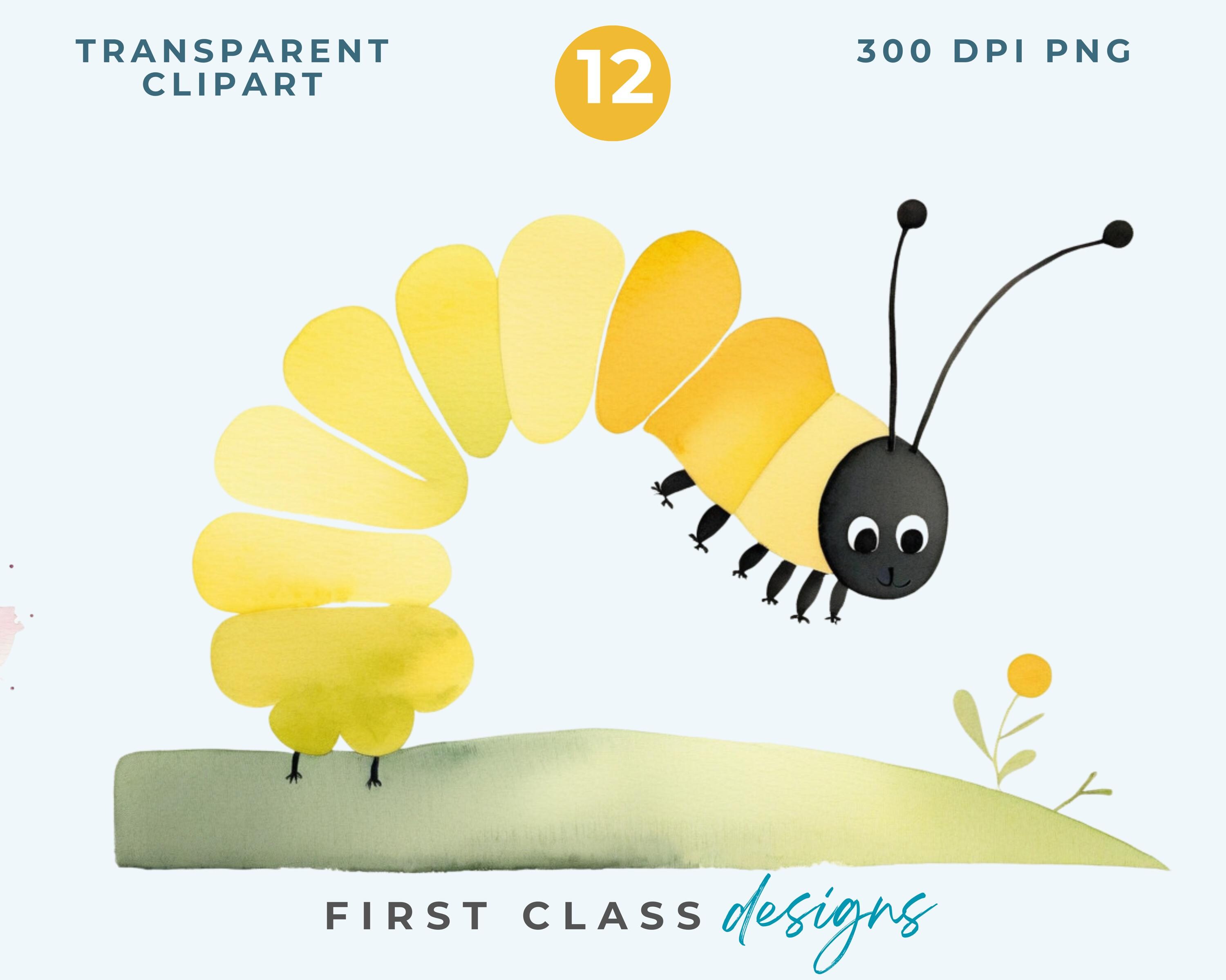 Watercolor Yellow Caterpillar Clipart Spring Bug Insect Clipart Cute ...