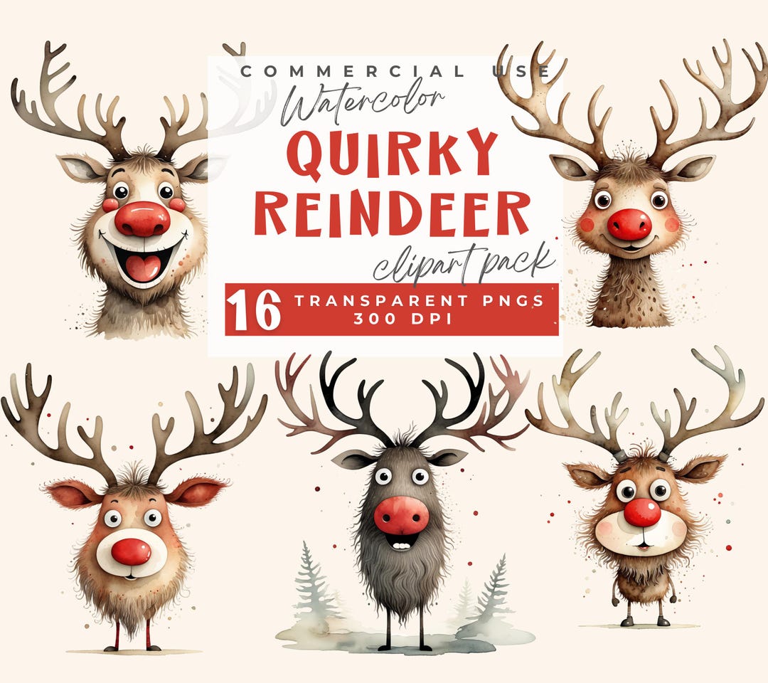Quirky Reindeer Clipart, Funny Animal Clipart Whimsical Holiday ...