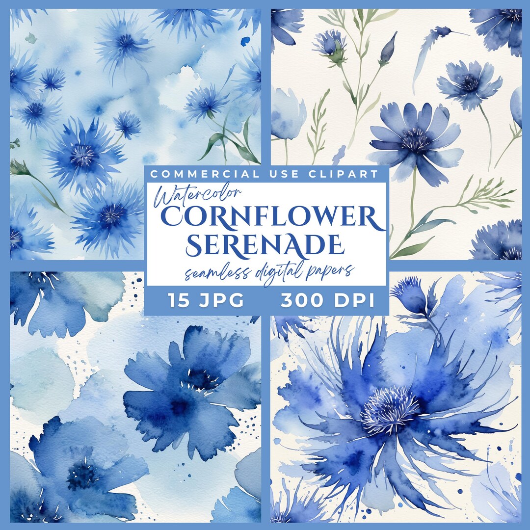 Cornflower Blue Digital Paper, Watercolor Floral Backgrounds, Seamless ...
