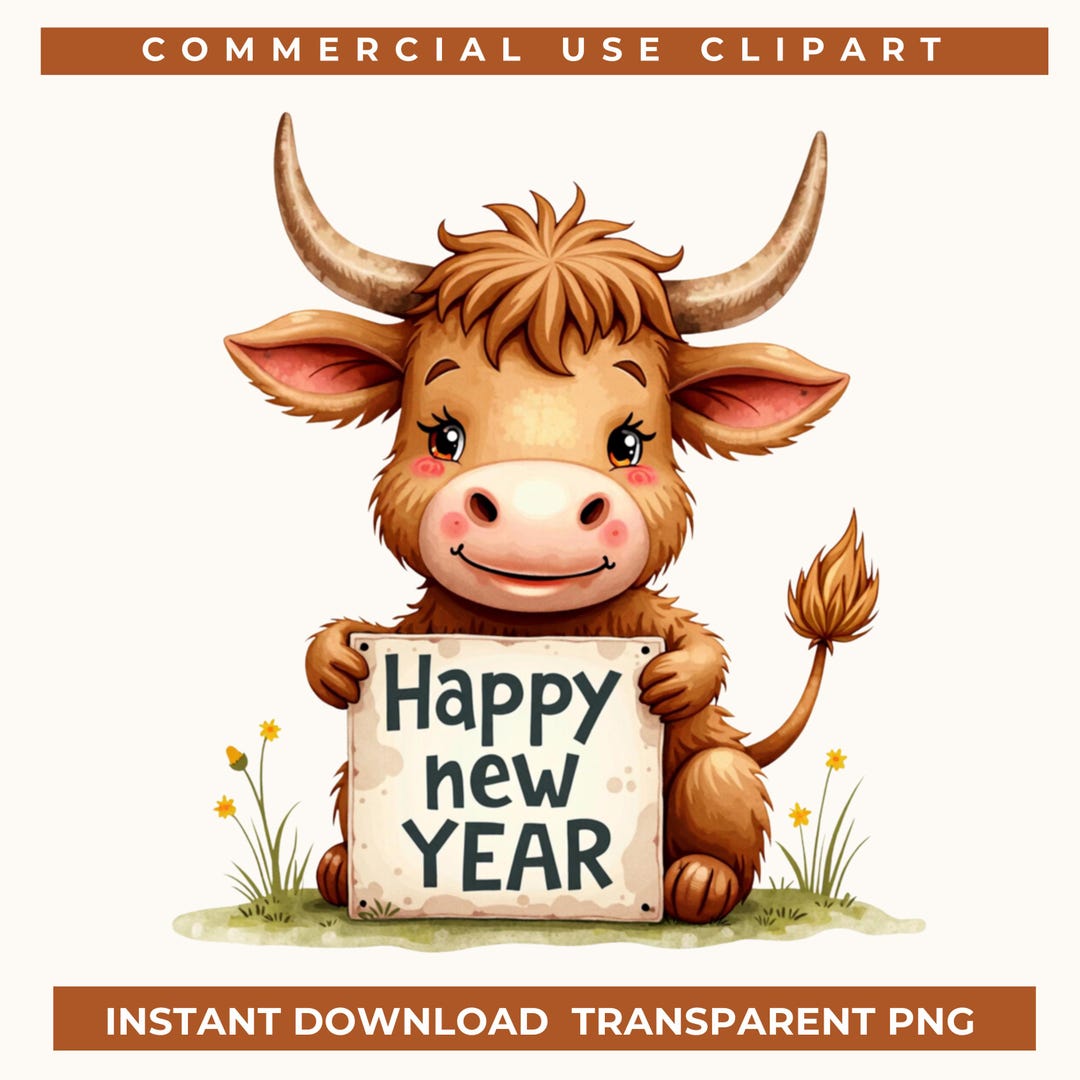 Happy New Year Clipart, Watercolor Cute Highland Cow Celebrating the ...