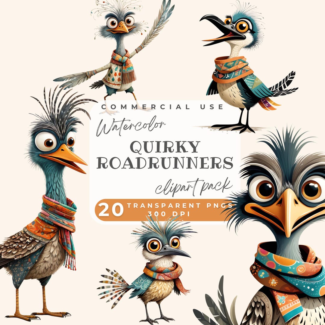 Quirky Roadrunner Clipart, Watercolor Funny Roadrunner Clipart, Running ...