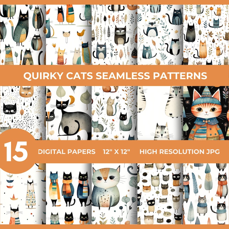 Quirky Cats Digital Paper, Seamless Cats Background, Cute Cats Pattern ...