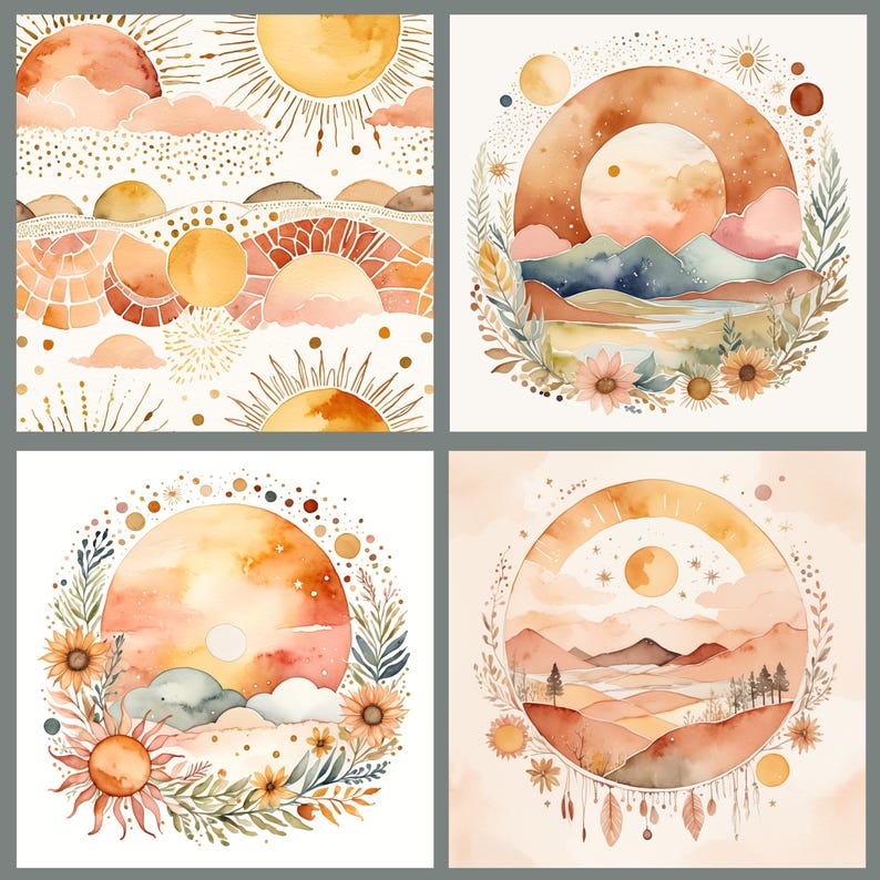 Summer Solstice Digital Paper, Watercolor Boho Sun Celestial Mystical ...