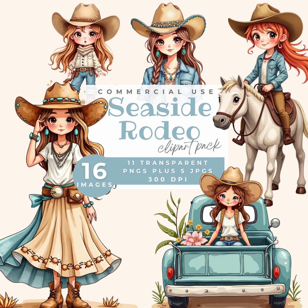 Coastal Cowgirl Clipart, Seaside Rodeo Clipart, Cute Boho Western ...