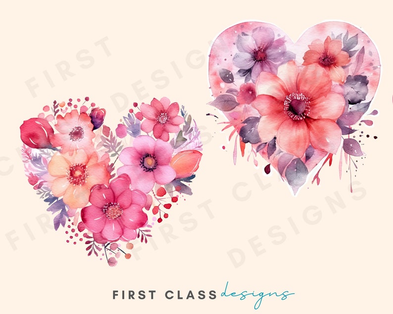 Floral Heart Clipart Pink Watercolour Hearts Cute Valentine Heart ...