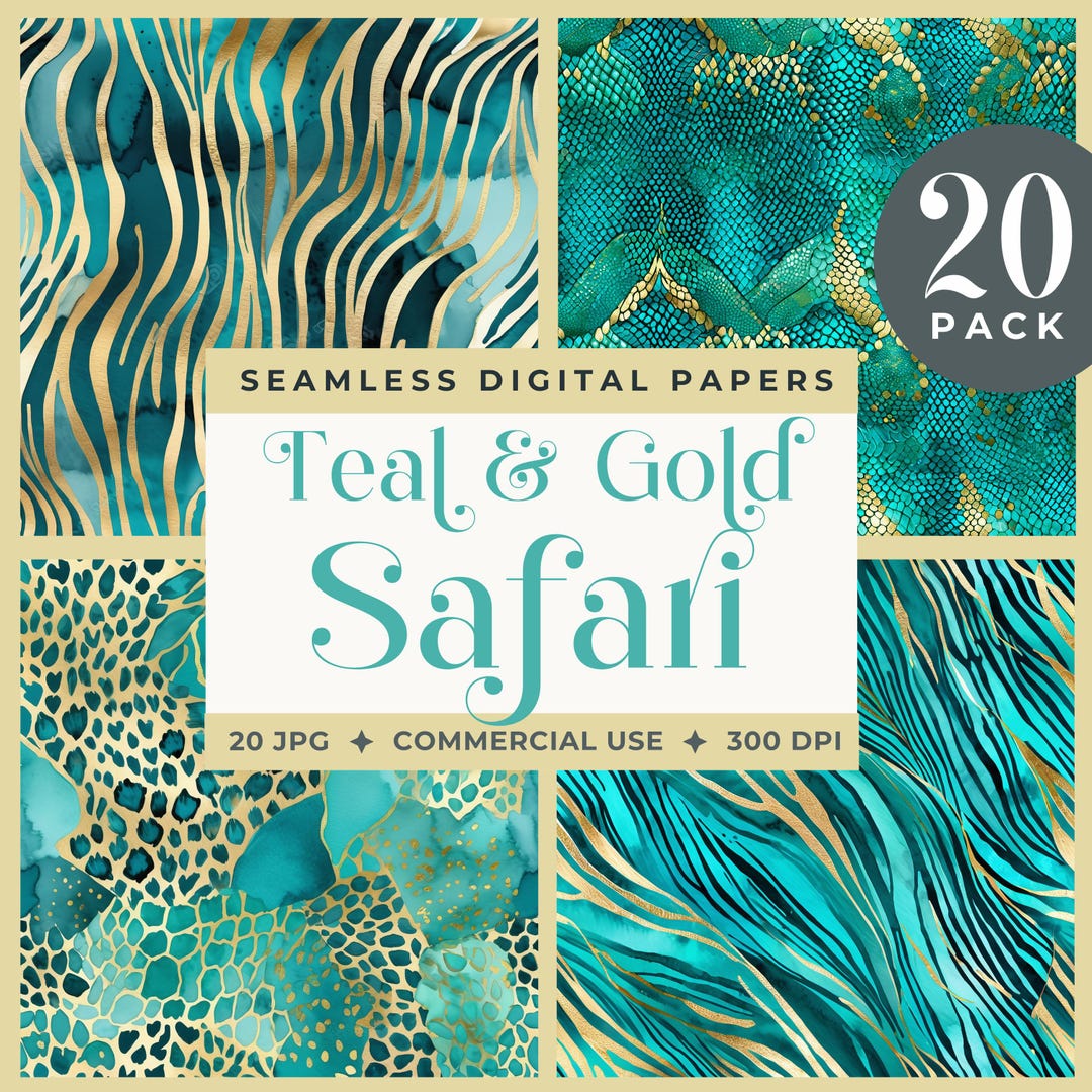 Teal and Gold Safari Digital Paper, Animal Print Backgrounds, Luxe ...