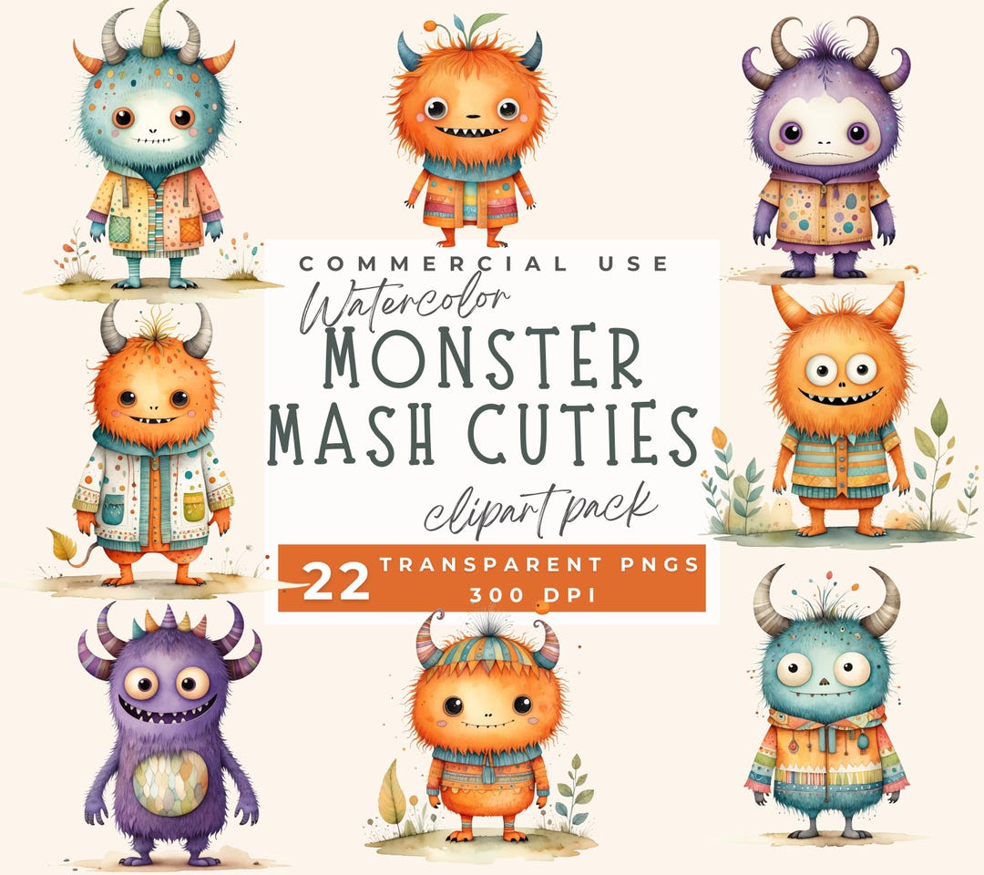 Watercolor Cute Monster Clipart Cute Halloween Monster Clipart Creepy ...