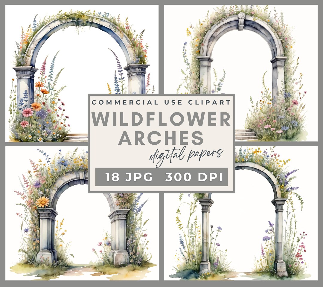 Wildflower Arch Clipart, Watercolor Floral Arch JPG, Card Making ...