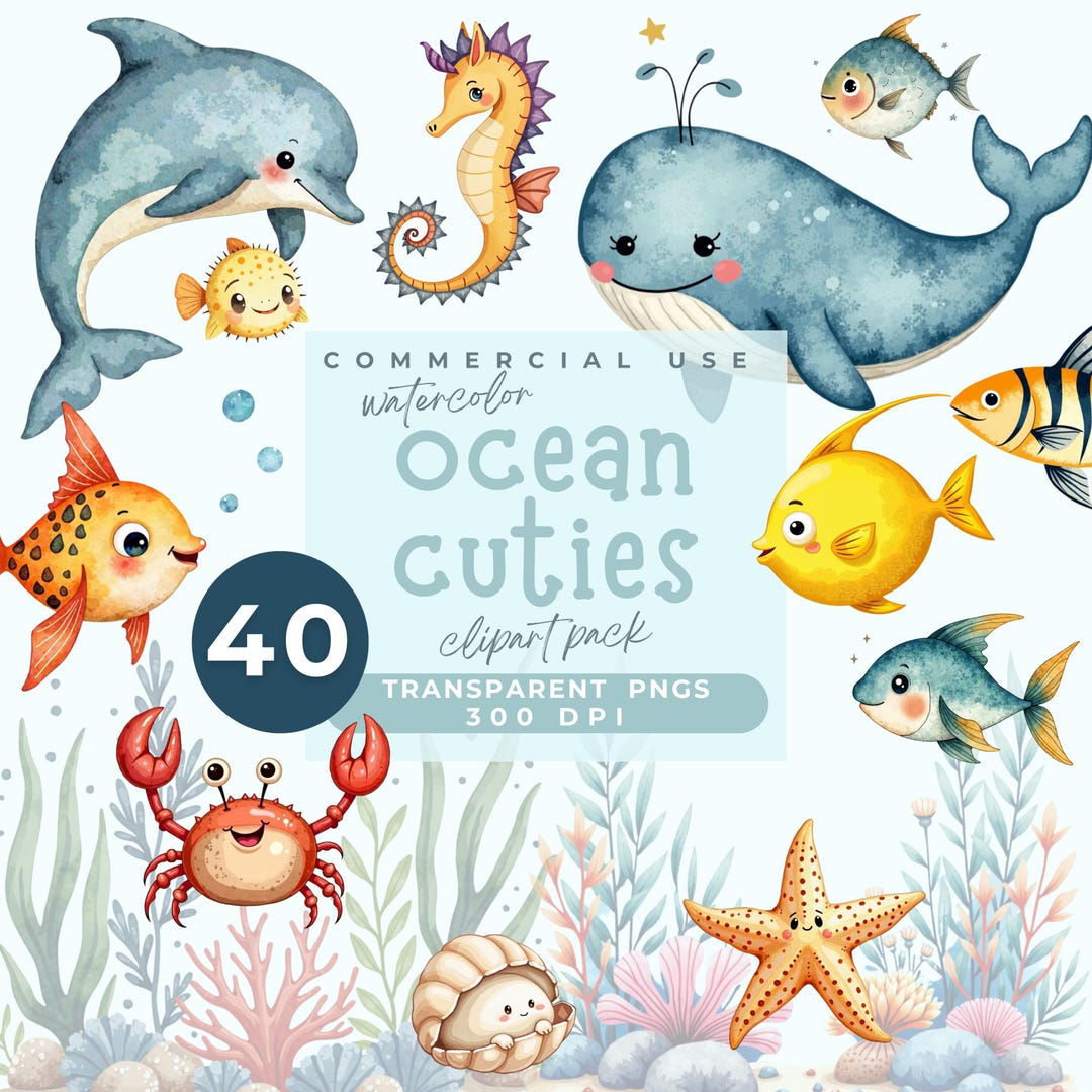 Cute Sea Life Kids Clipart, Whale Clipart for Baby Room Nursery Decor ...