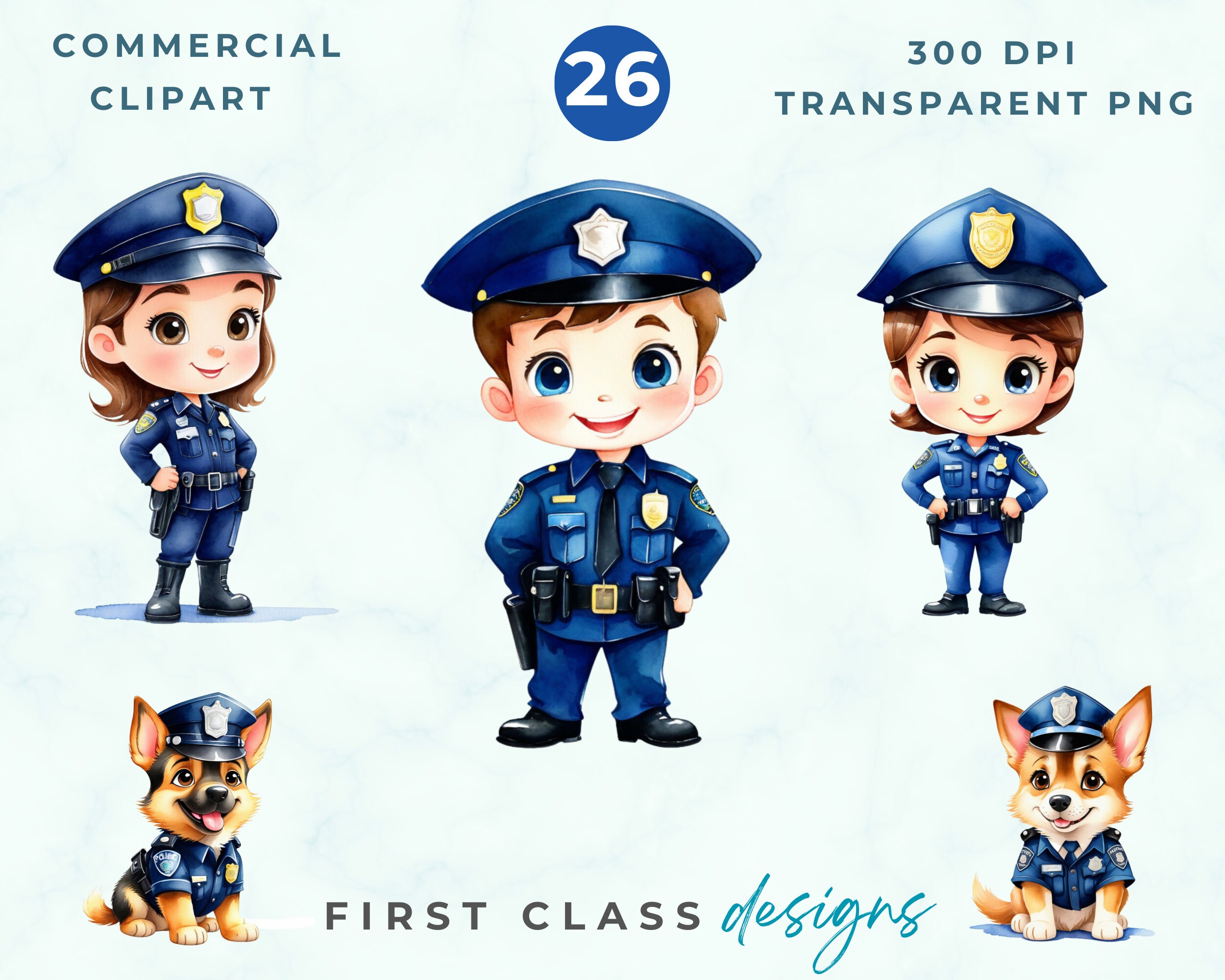 Watercolor Cute Police Clipart for Kids, Digital PNG Files, Clipart ...