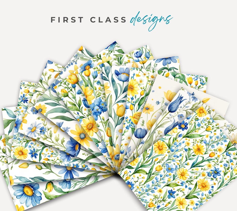 Blue and Yellow Floral Seamless Patterns, Watercolor Blue and Yellow ...