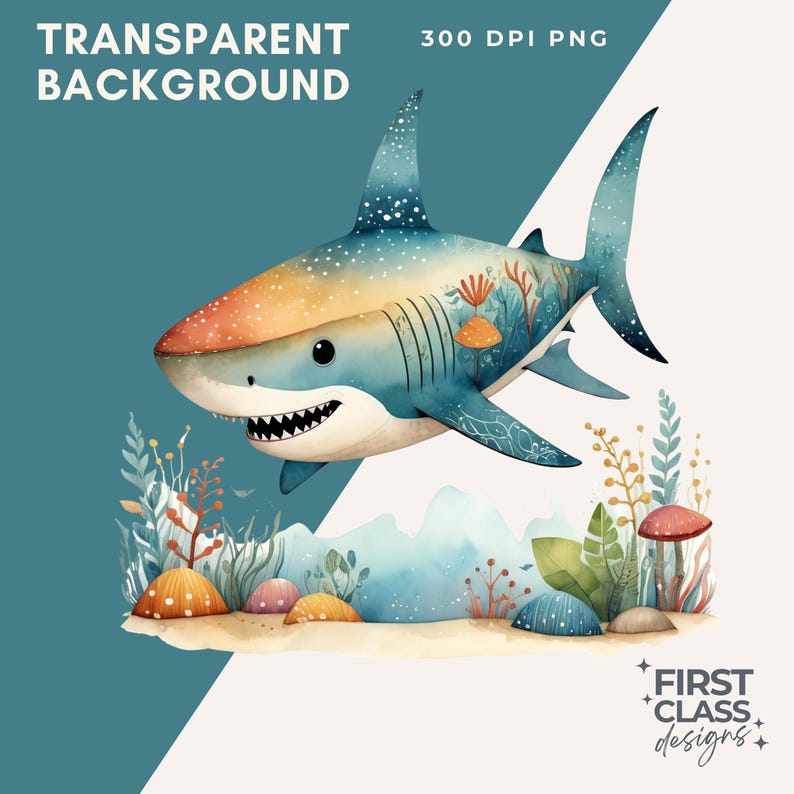 Cute Shark Clipart, Cute Watercolor Shark PNG Clipart, Shark PNG ...