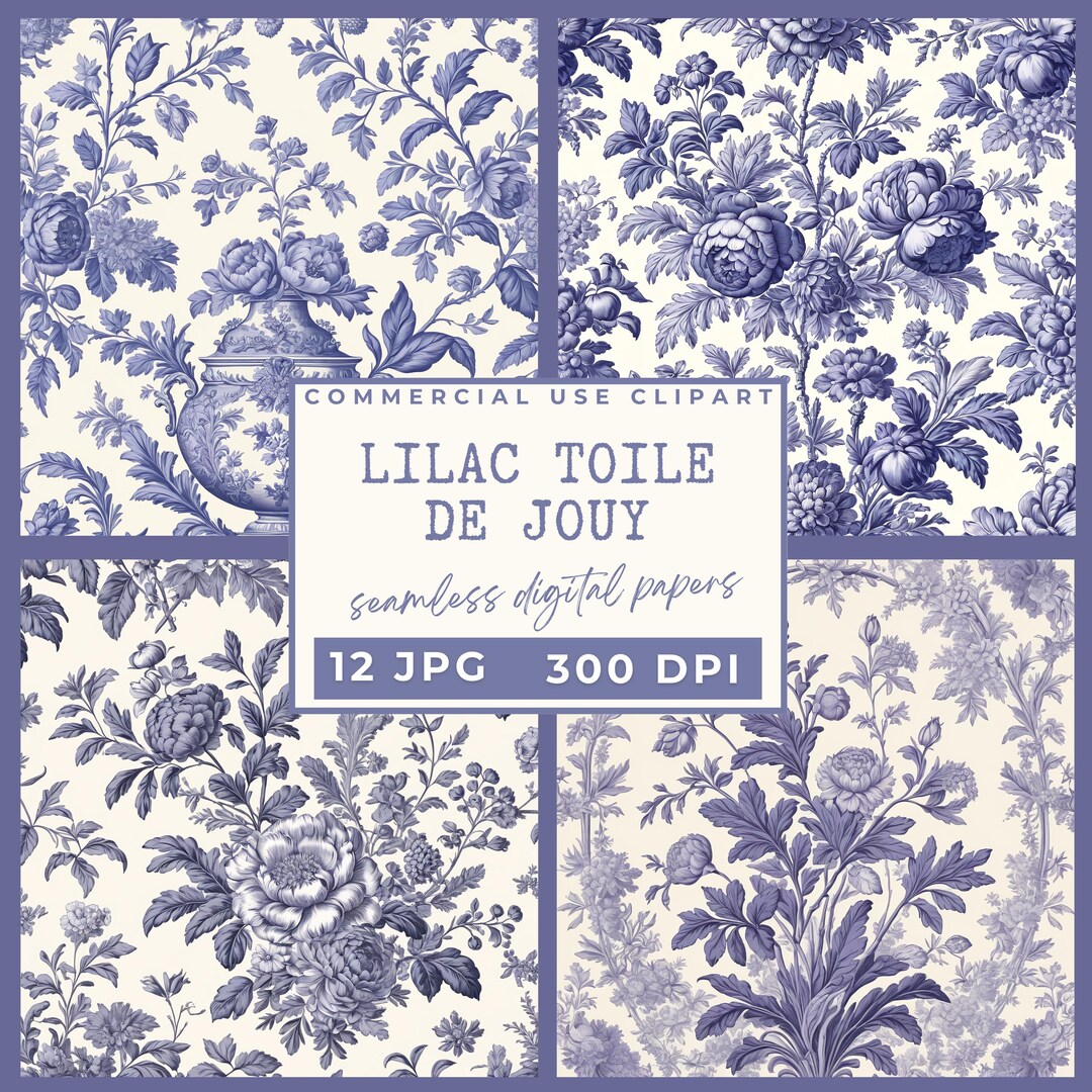 Lilac Purple Toile De Jouy Digital Paper Pack, Floral Toile Seamless ...