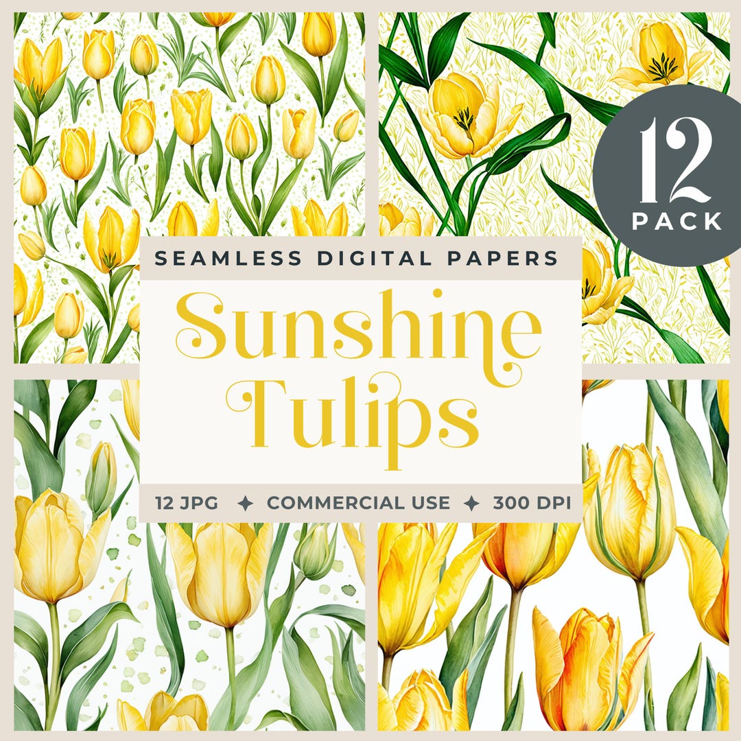 Yellow Tulips Digital Paper, Seamless Spring Floral Patterns, 12x12 ...