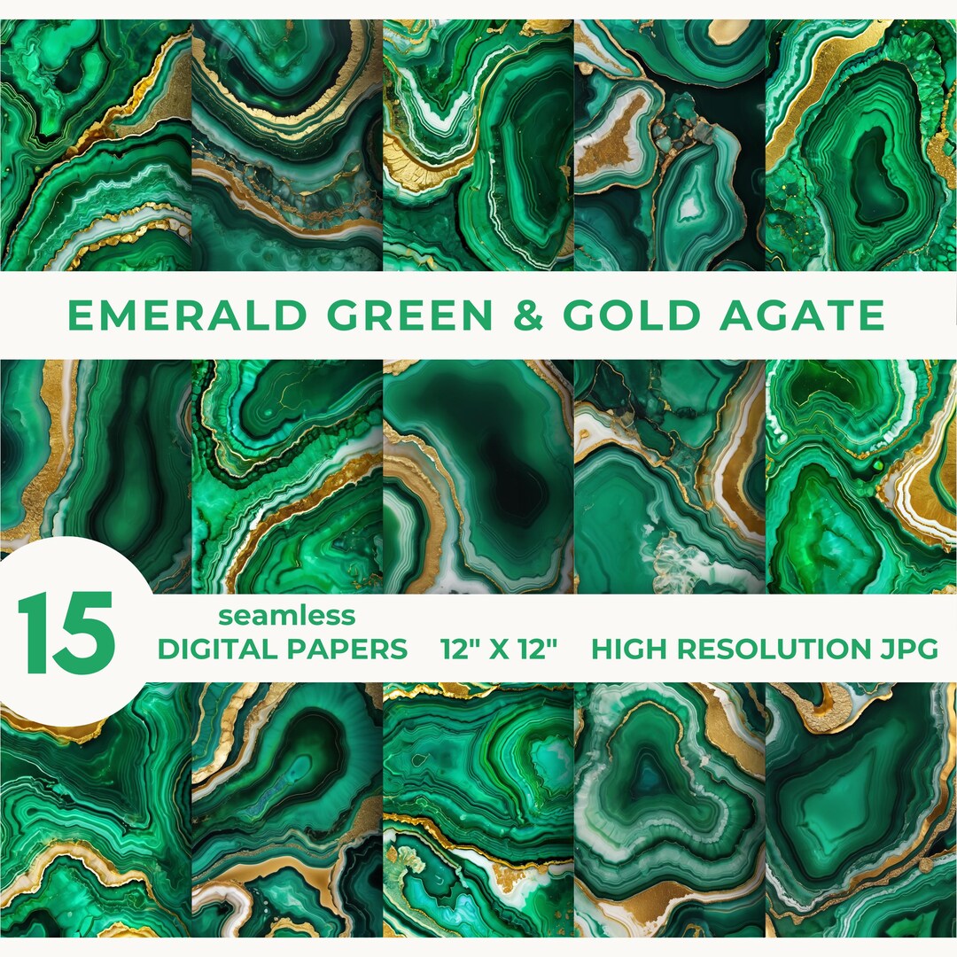 Emerald Green and Gold Agate Digital Paper, Luxury Geode Textures ...
