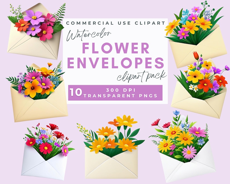 Digital Clipart Flowers in Envelope, Watercolor Floral Envelope ...