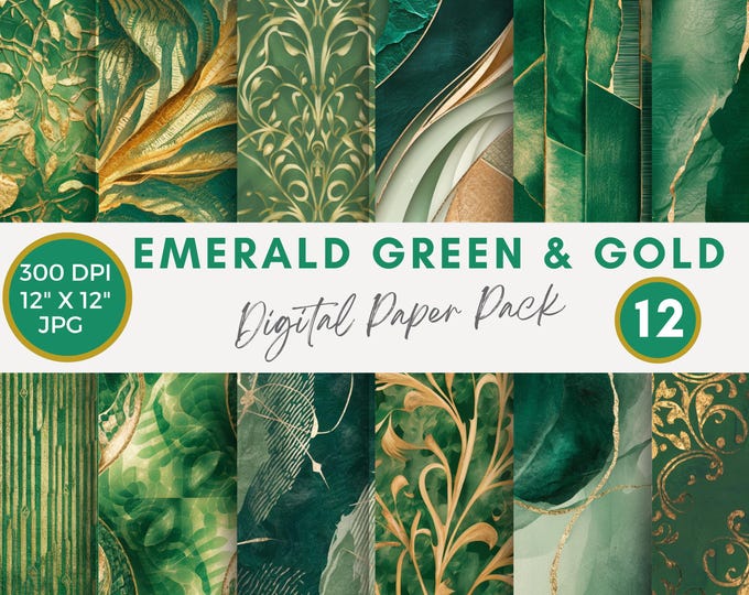Emerald Green Digital Paper Clipart, Watercolor Digital Papers, Gold ...