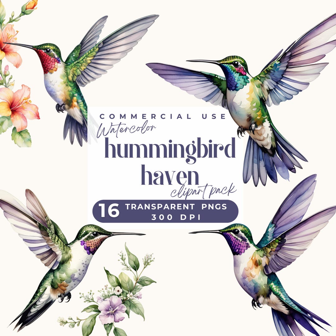 Hummingbird Printable Clipart Watercolor Vibrant Bird Illustrations ...