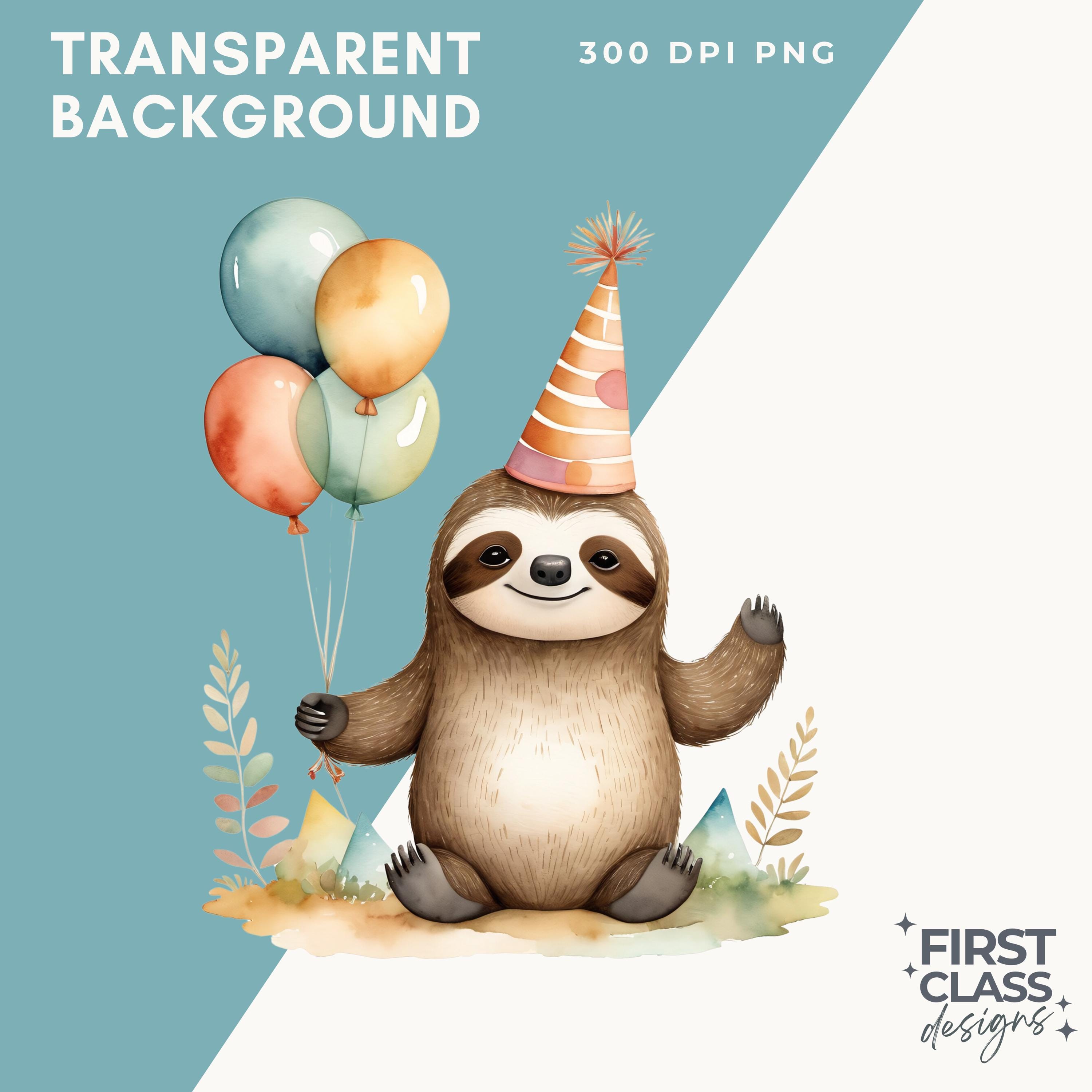 Sloth Birthday Clipart, Watercolor Cute Sloth Birthday PNG Cute ...