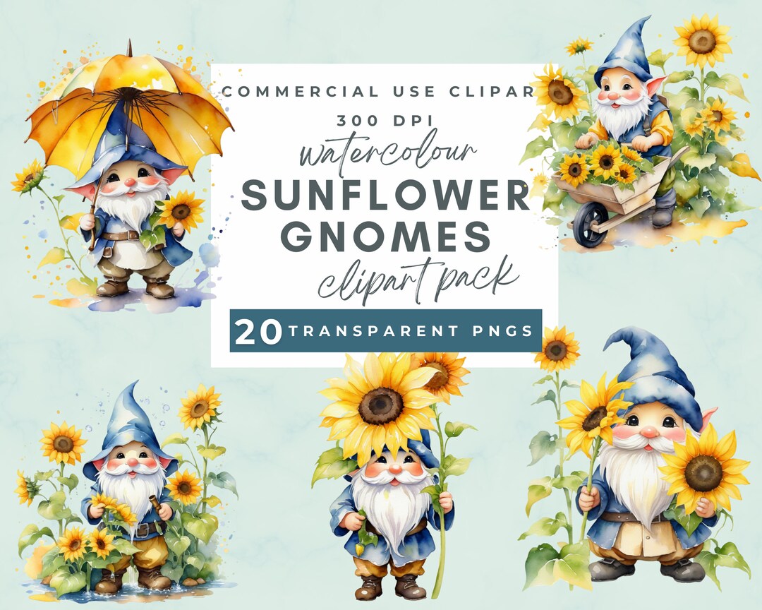 Watercolor Sunflower Gnome Clipart, Sunflower Gnome Clipart Bundle ...