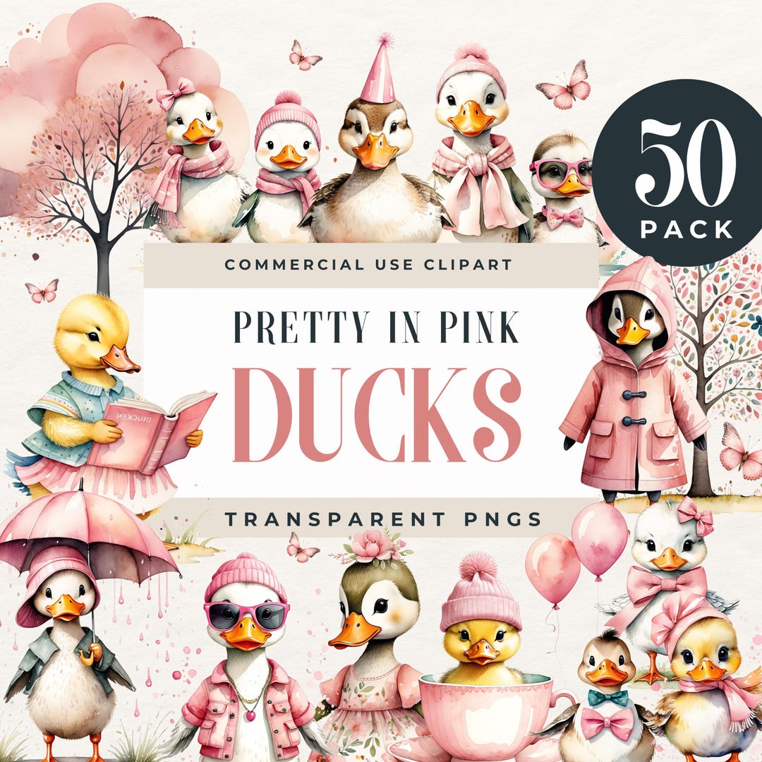 Pink Duck Clipart, Cute Watercolor Ducklings, Pastel Farm Animal Art ...