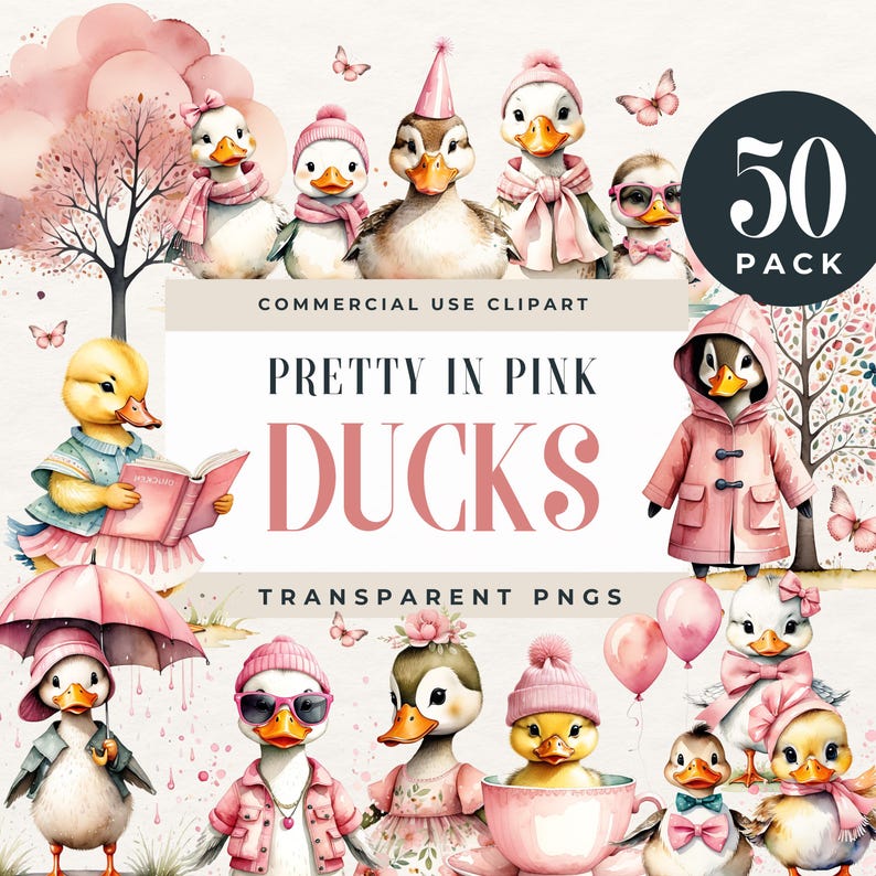 Pink Duck Clipart, Cute Watercolor Ducklings, Pastel Farm Animal Art ...