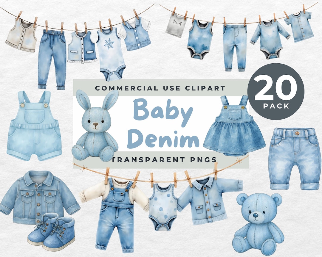 Watercolor Baby Boy Clothesline Clipart, Denim Baby Clipart, Blue Baby ...