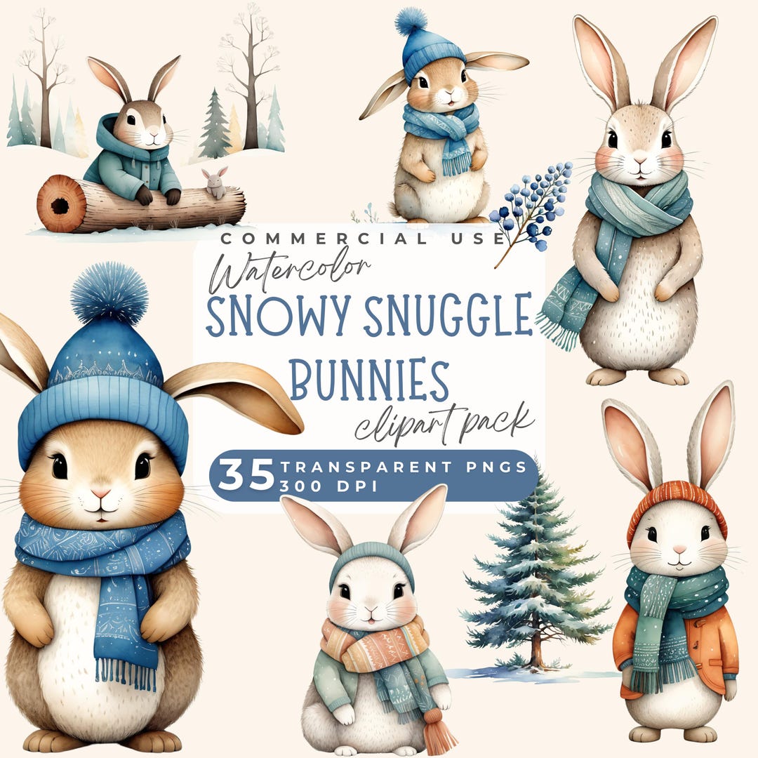 Watercolor Winter Rabbit Clipart, Cute Whimsical Rabbit Clip Art, Cute ...