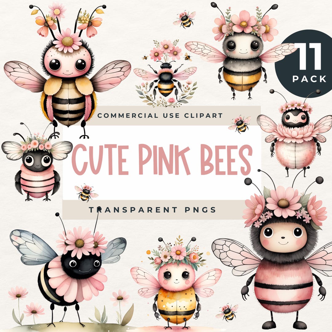 Clipart of Pink Bee, Floral Bee Clipart, Cute Bee With Flowers, Pink ...