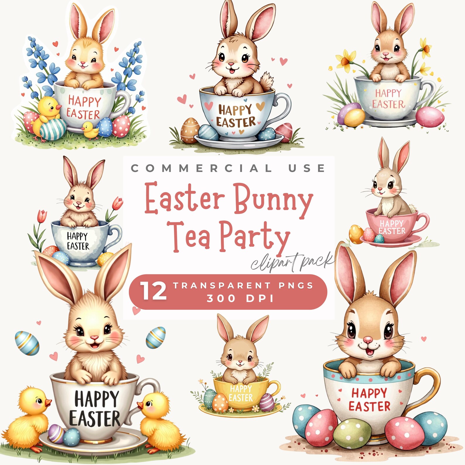 Easter Bunny Tea Party Clipart Pack, 12 Adorable Bunnies in Teacups ...
