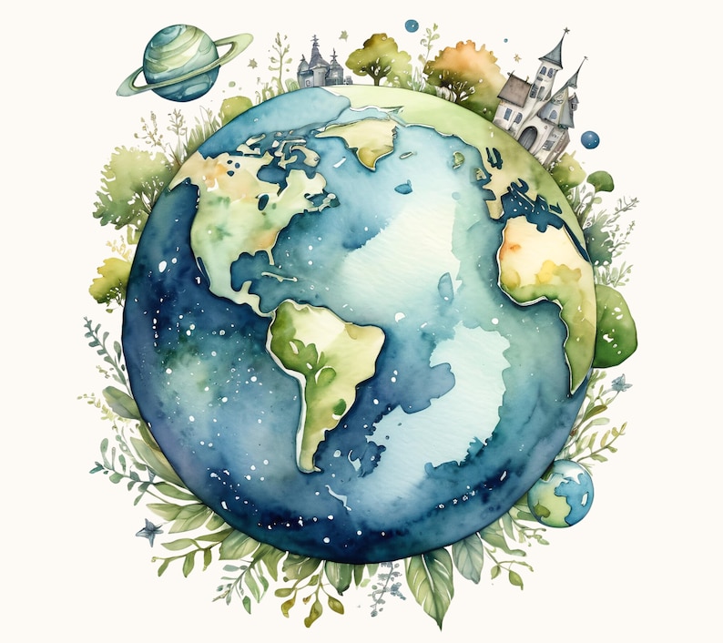 Beautiful Earth Clipart, Watercolor Earth Illustration, Whimsical ...