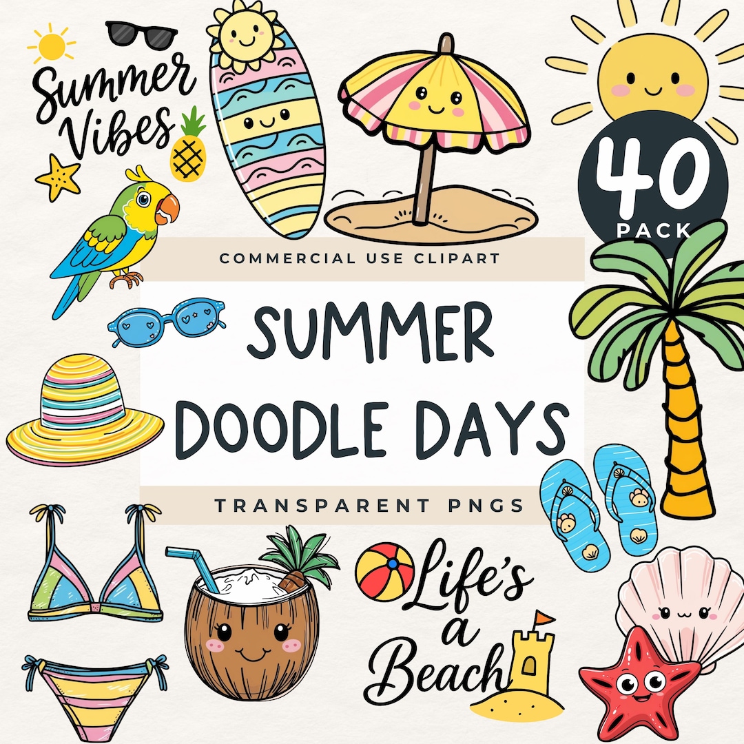 Summer Clipart Doodle Pack, Cute Summer Pngs, Tropical Beach Clipart ...