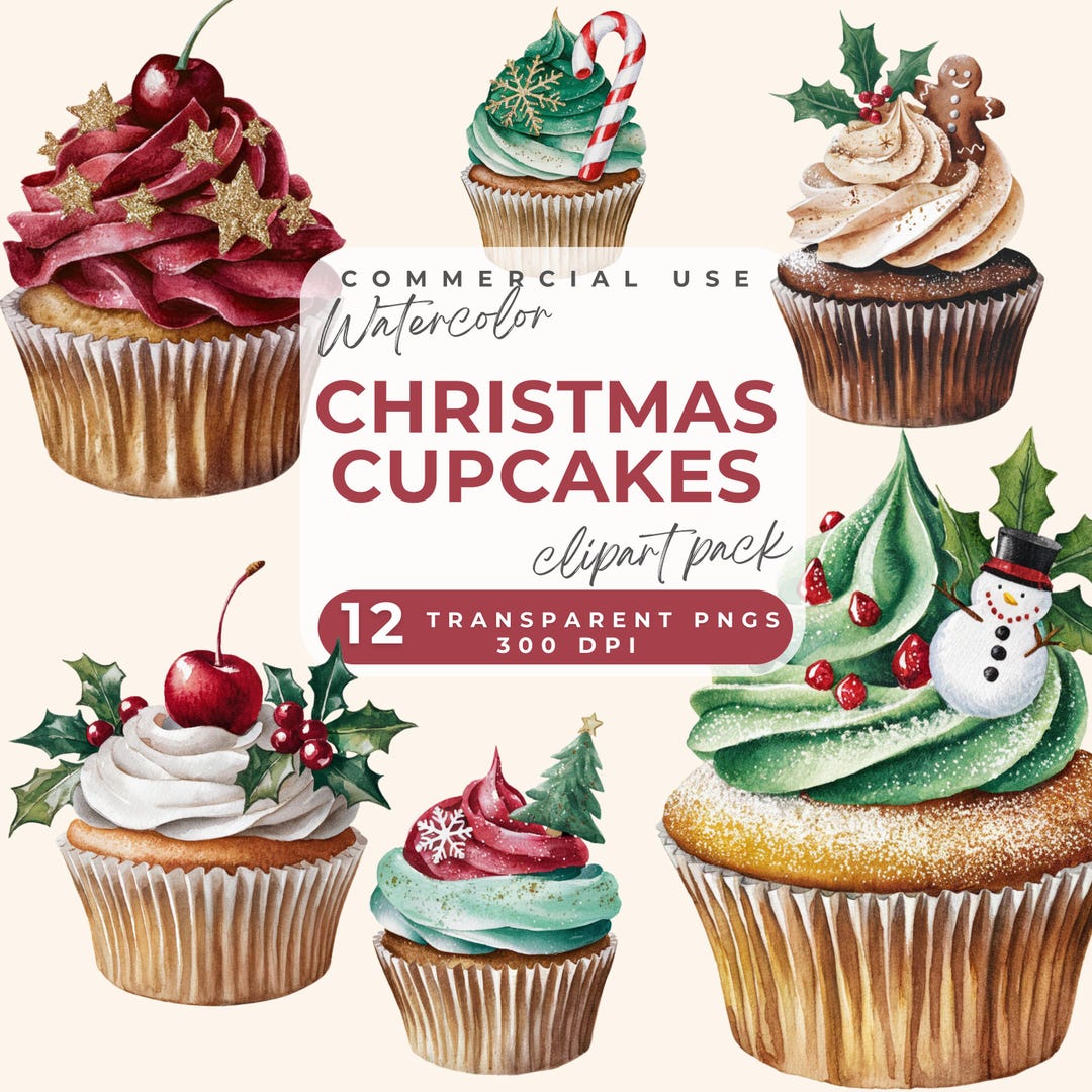 Watercolor Christmas Cupcakes Clipart, Christmas Bakery Clipart ...