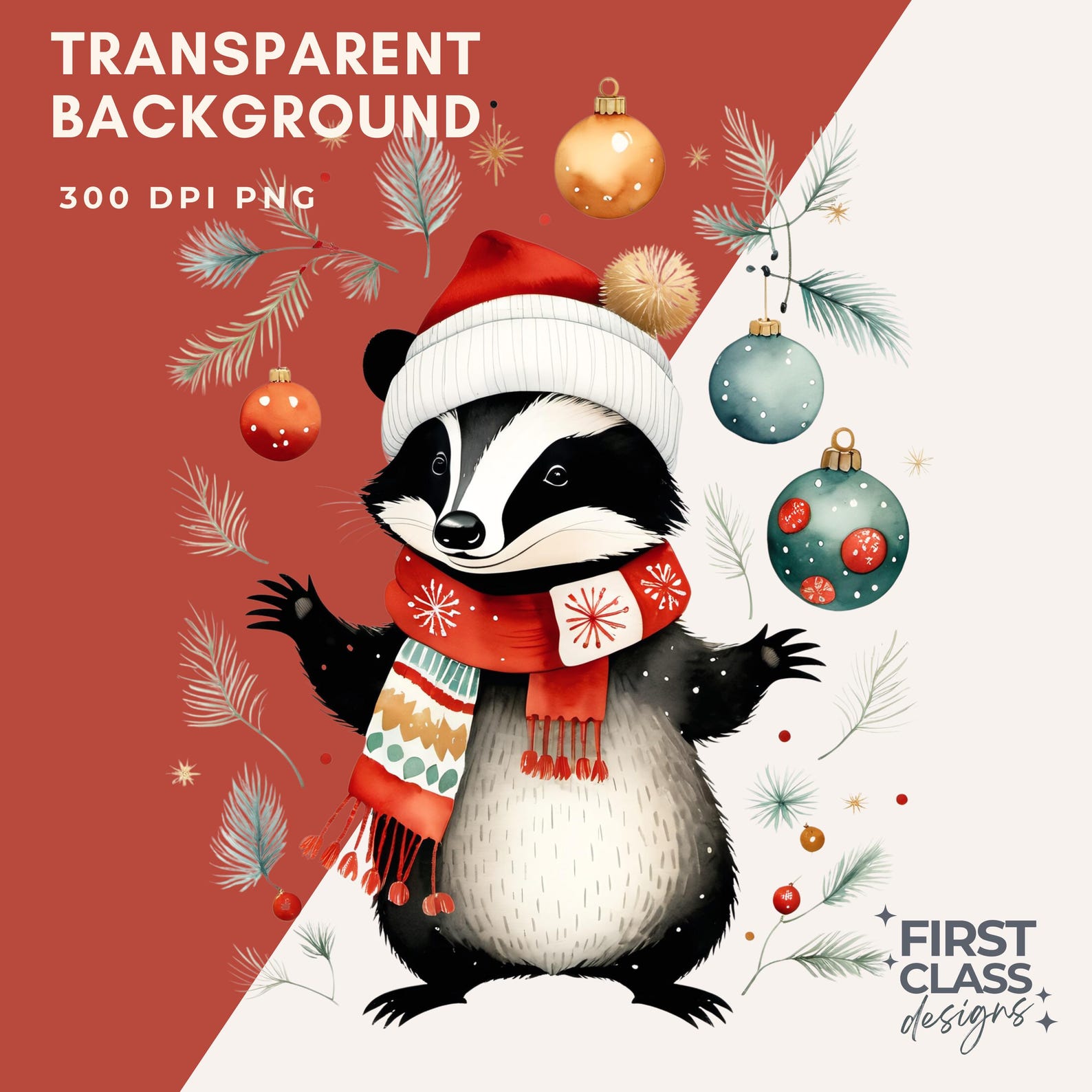 Christmas Badger Clipart, Cute Whimsical Christmas Badger Clip Art PNG ...