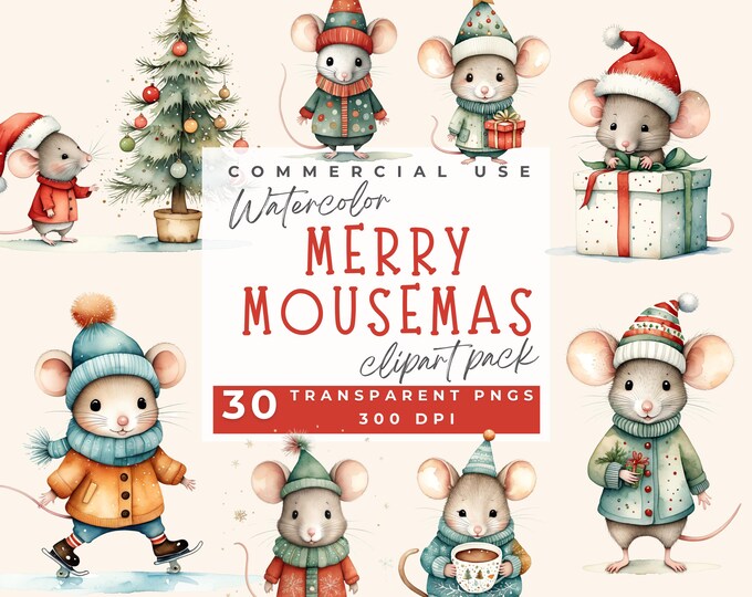 12 PNG, Christmas Mouse Clipart Bundle, Xmas Mouse Clipart, Cute Mouse ...