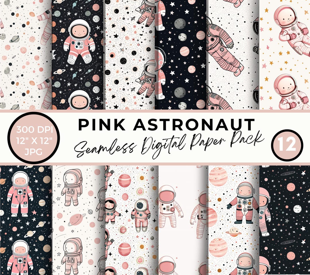 Pink Astronaut Digital Papers, Pink Space Seamless Patterns, Watercolor ...